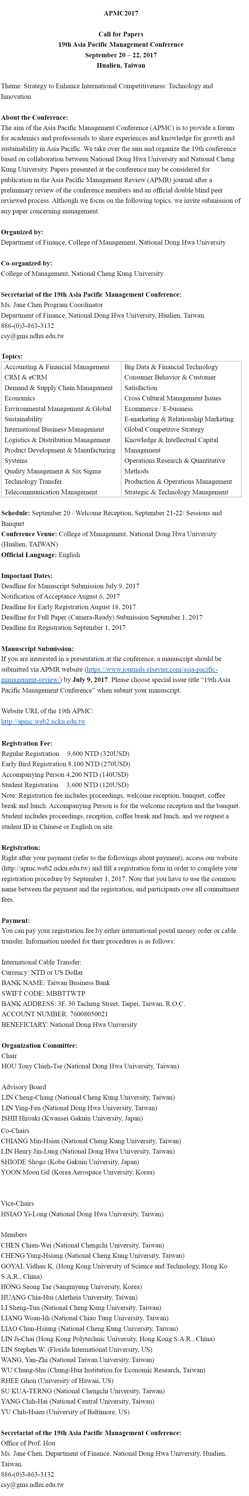 [Call for Papers] The 19th Asia Pacific Management Conference (APMC)